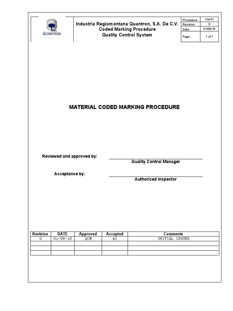 Coded Marking Procedure for Materials | PDF | Pipe (Fluid Conveyance ...