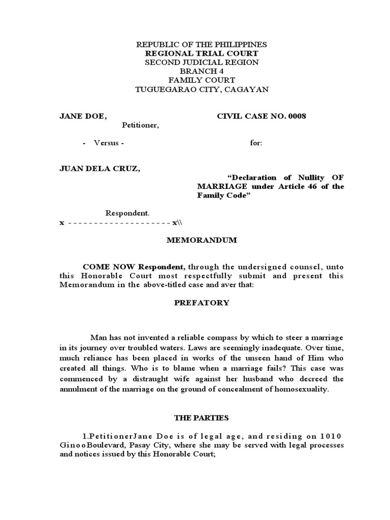 Sample Memorandum in Civil Cases | PDF | Annulment | Marriage