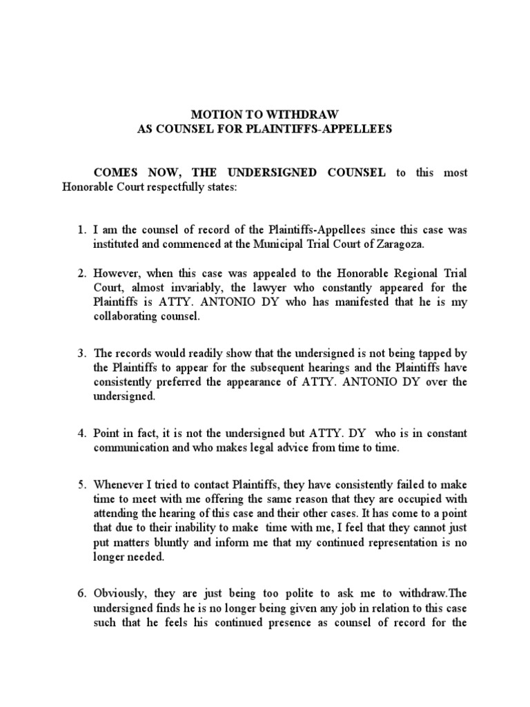 Motion To Withdraw | PDF | Lawsuit | Common Law