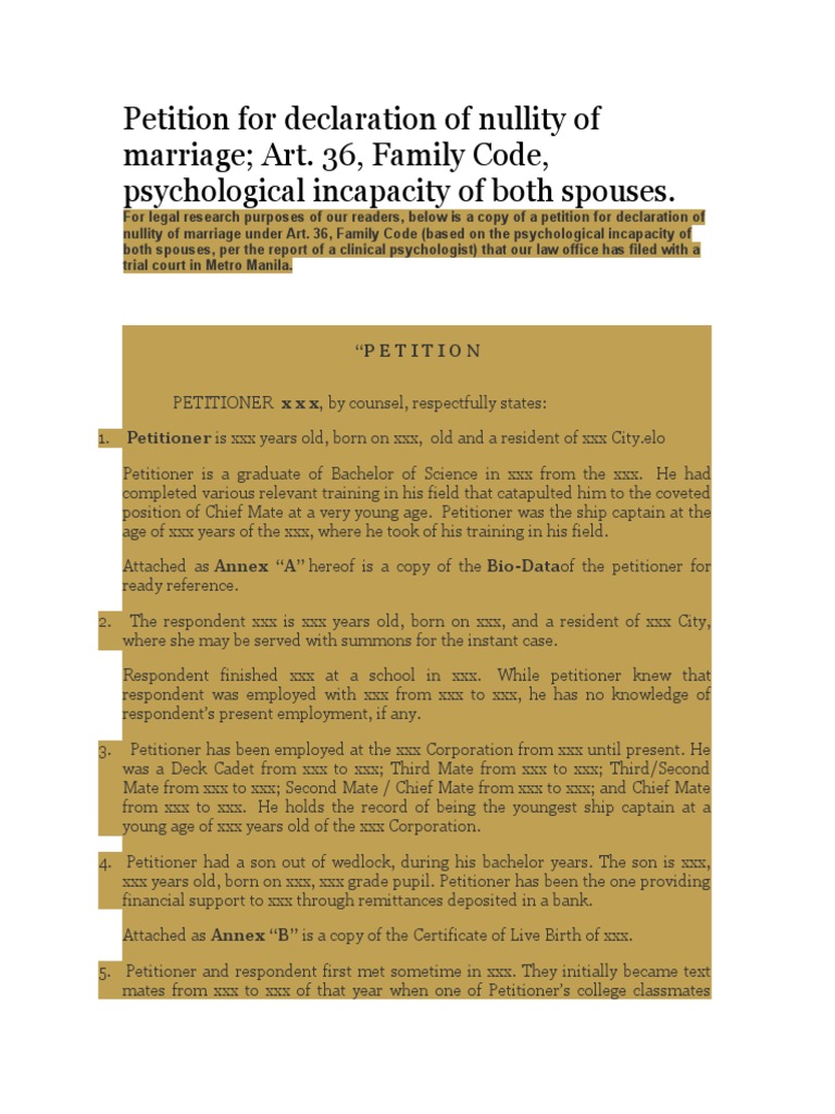 Petition For Declaration of Nullity of Marriage Art. 36, Family Code ...