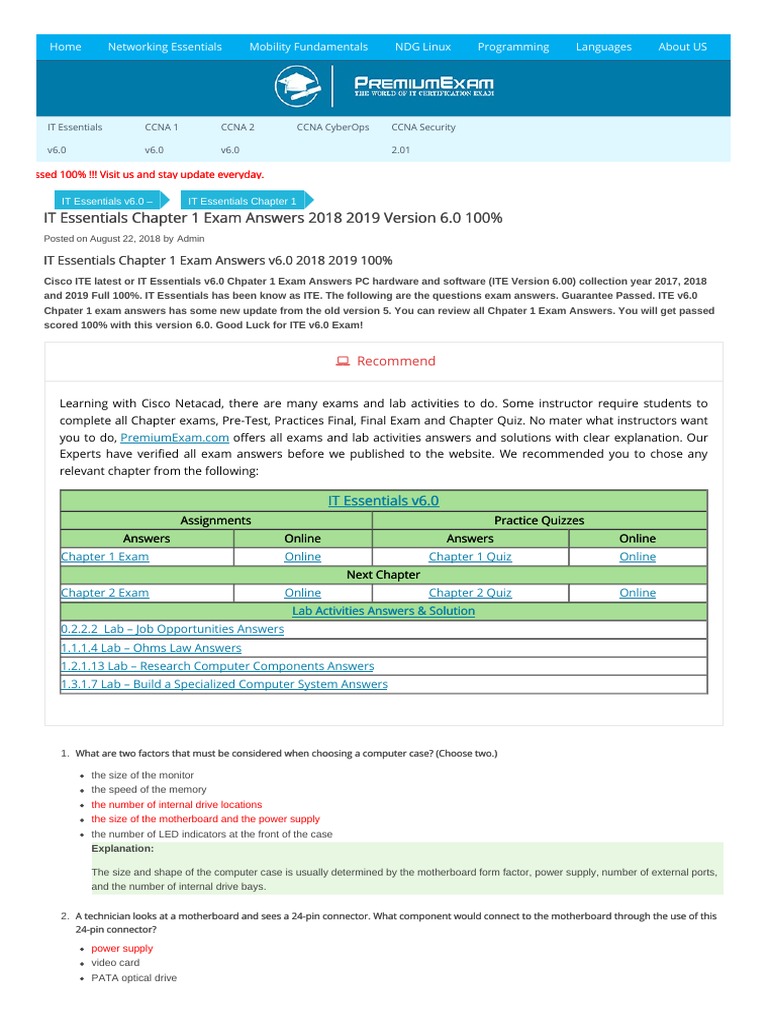 IT Essentials Chapter 1 Exam Answers 2018 2019 Version 6.0 100% IT ...