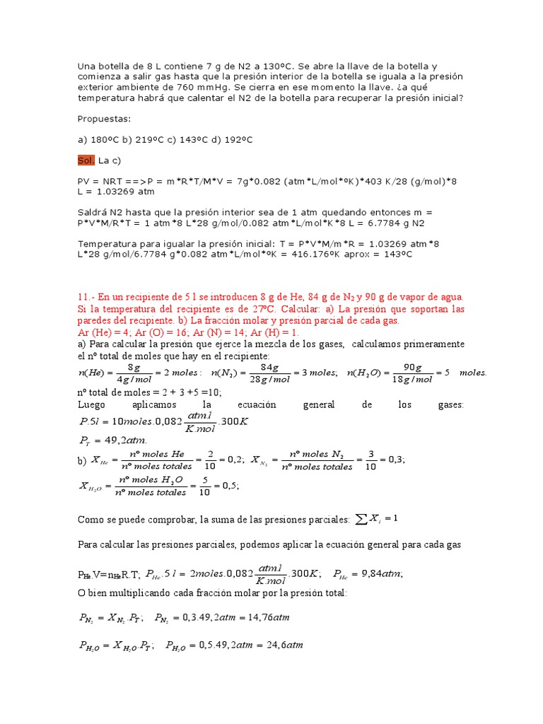 Problemas Gases - 2010 | PDF | Mole (Unidad) | Gases