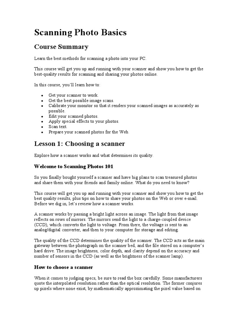 Scanning Photo Basics: Course Summary | PDF | Image Editing | Image Scanner