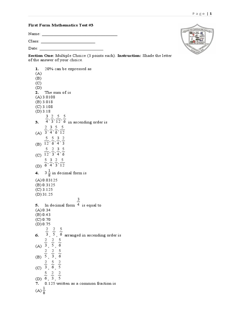 Test 3 Fractions BODMAS | PDF | Fraction (Mathematics) | Decimal
