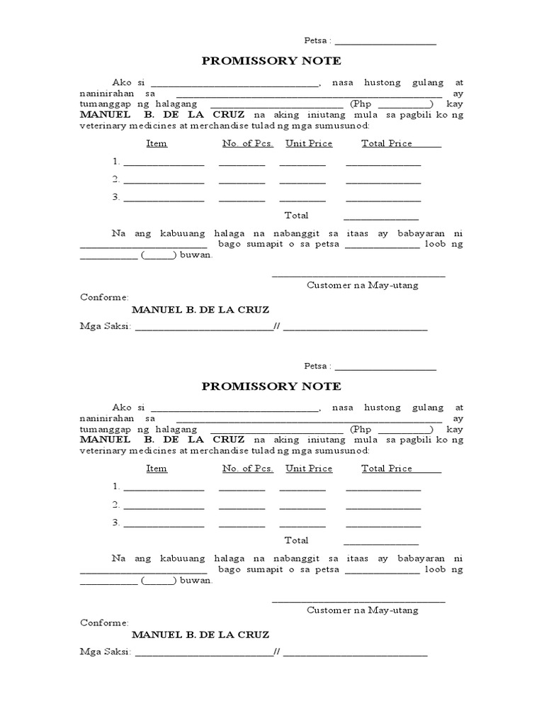 PROMISSORY NOTE Tagalog - FORM BLANK | PDF