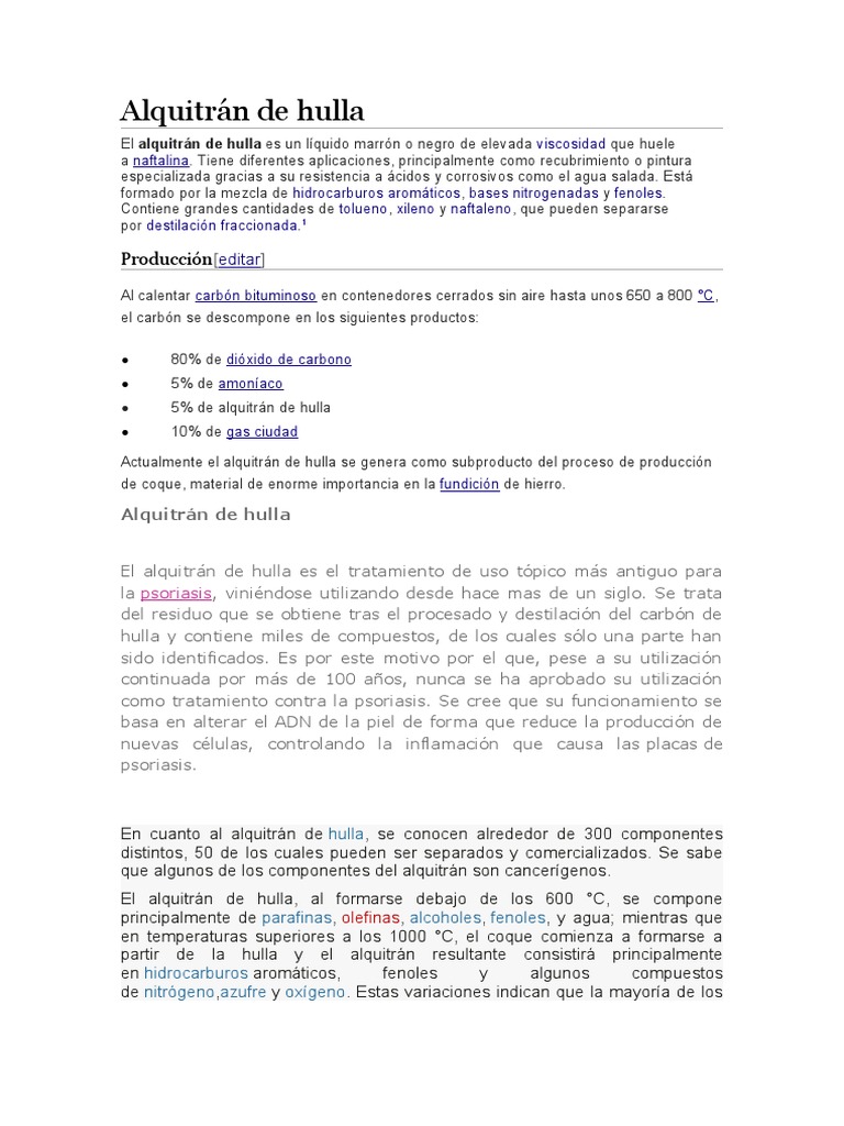 Alquitrán de Hulla | PDF | Destilación | Sustancias químicas