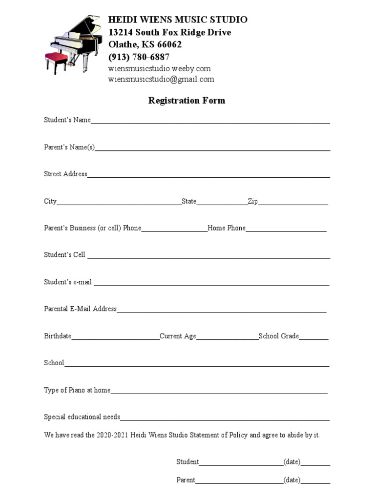 Piano Lesson Registration Form | PDF