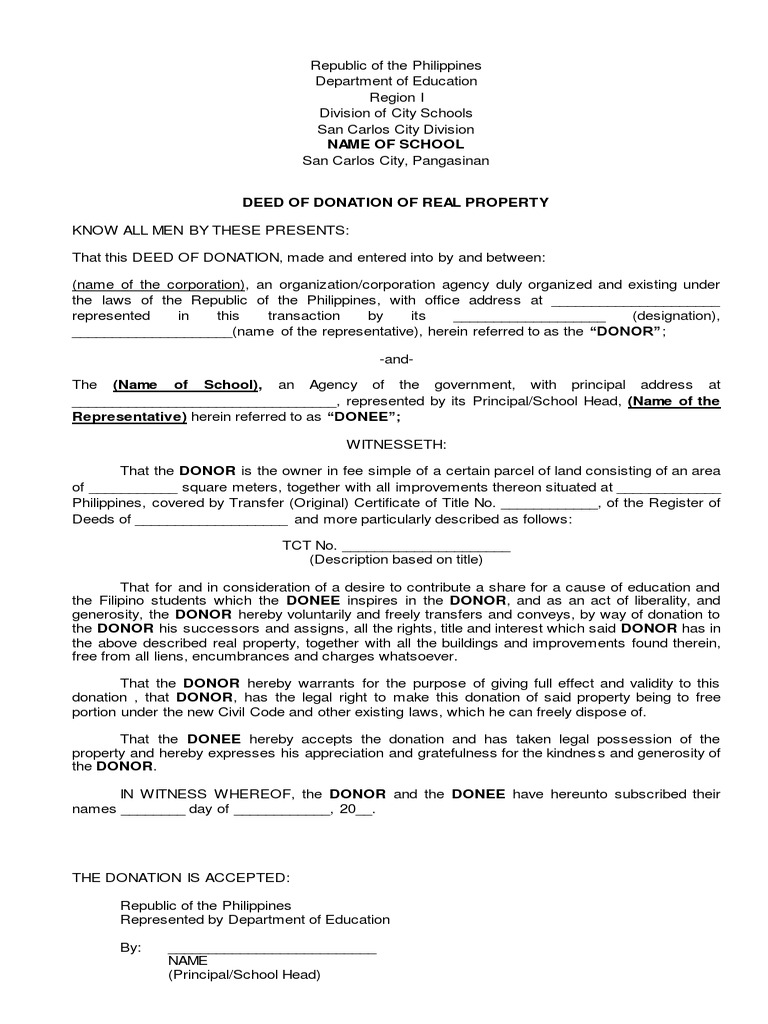 Deed of Donation Template | PDF | Deed | Private Law