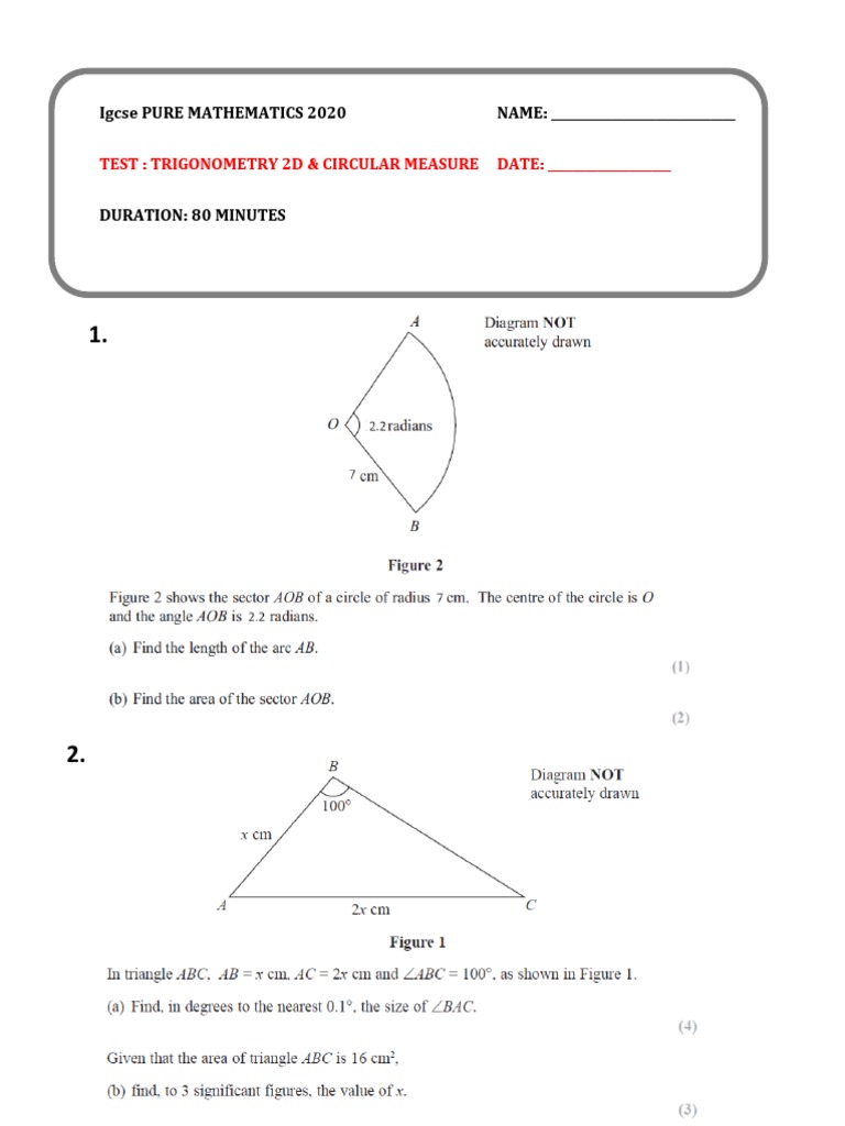 PM Test Trig 2D & Circular Measure 2020 | PDF