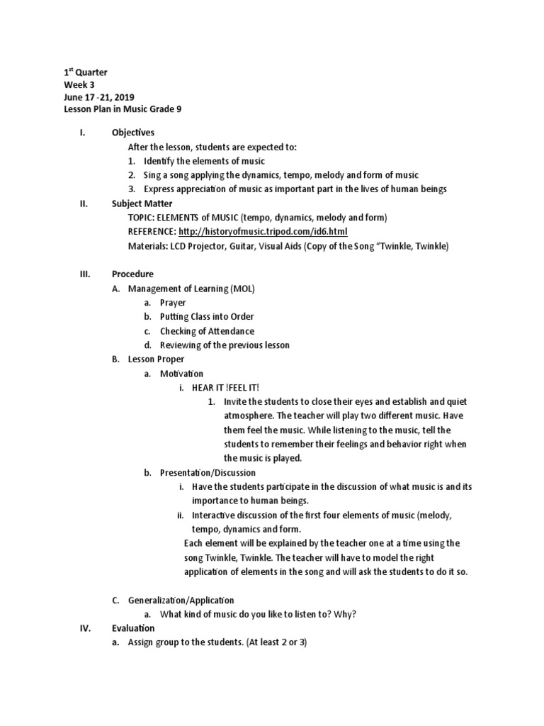 Lesson Plan in Music Grade 7 | PDF | Education Theory | Cognitive Science