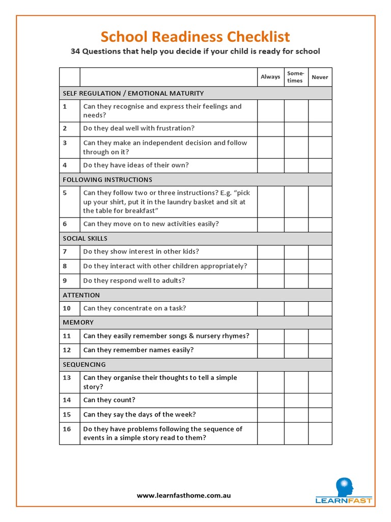 School Readiness Checklist 34questions | PDF | Conversation | Memory