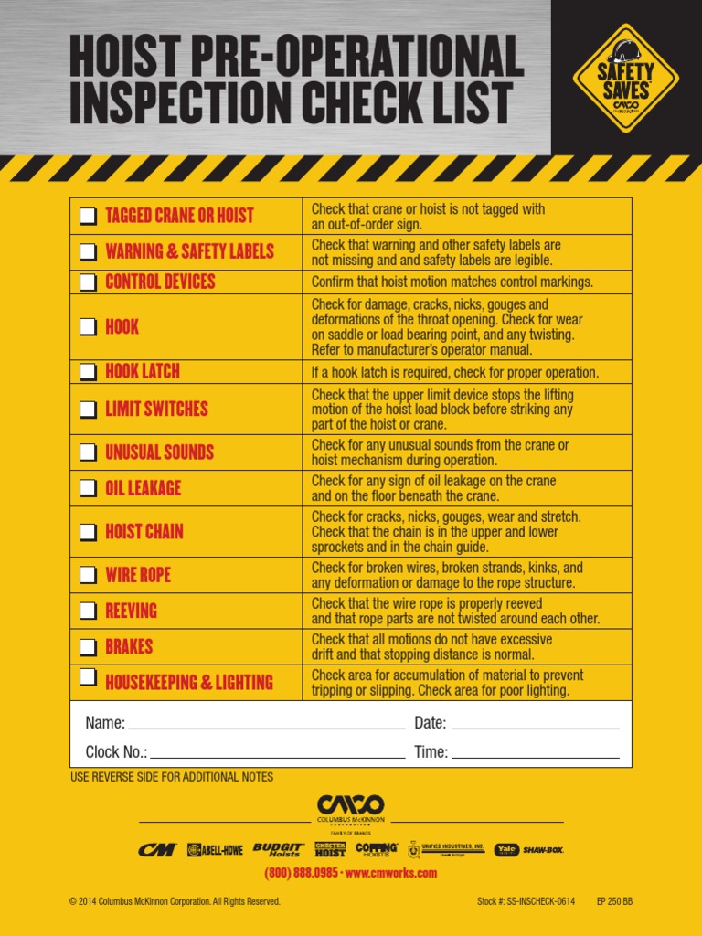 Hoist Pre Operational Inspection Check List Pdf Crane Machine Rope