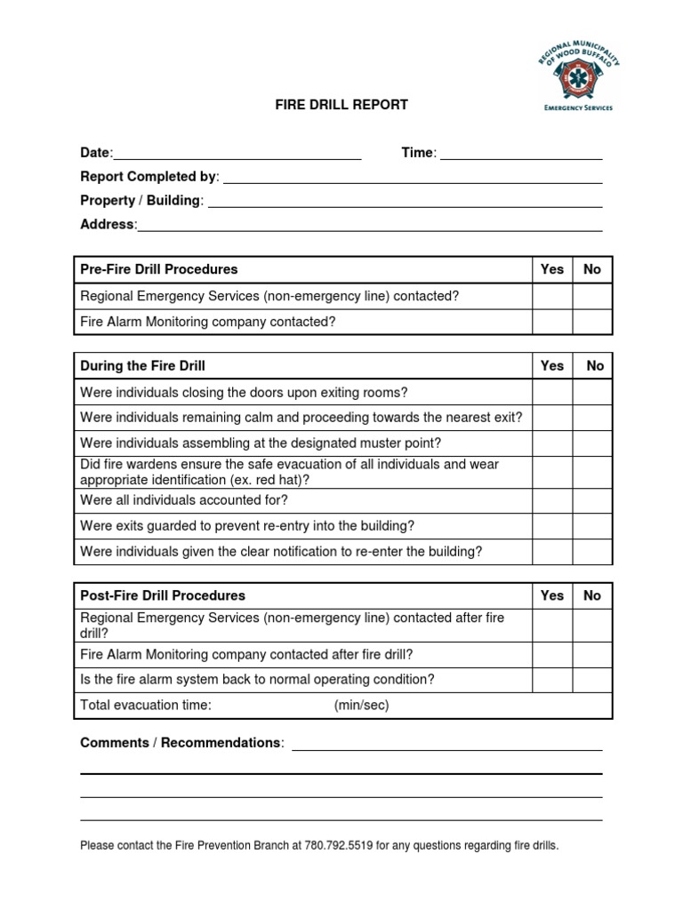 Fire Drill Report: Please Contact The Fire Prevention Branch at 780.792 ...