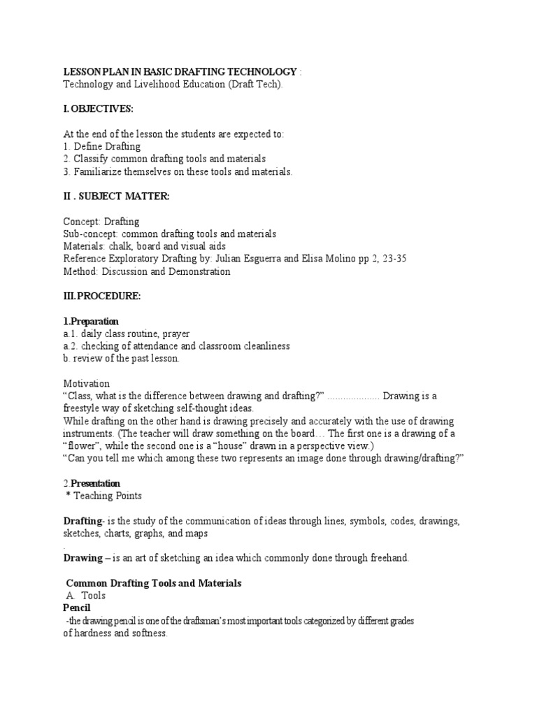 Lesson Plan in Basic Drafting Technology | PDF | Drawing | Technical ...