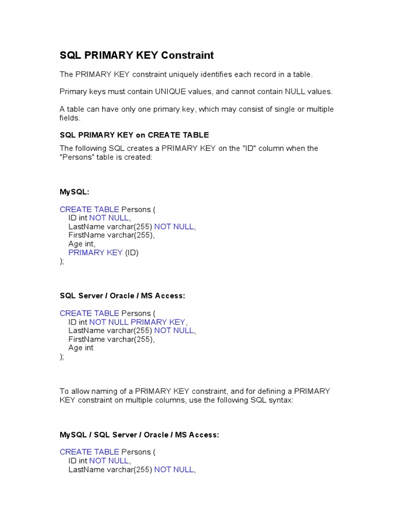 Sql Primary Key Constraint Pdf Database Index Sql 