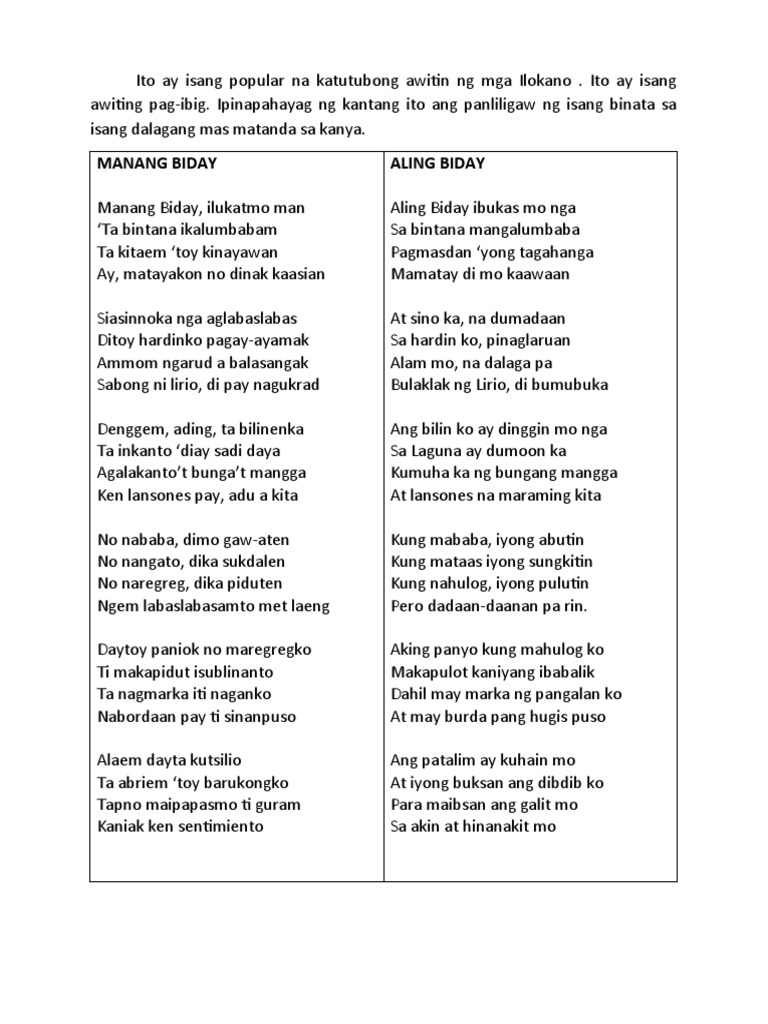 Manang Biday Ilocano Folk Song | PDF