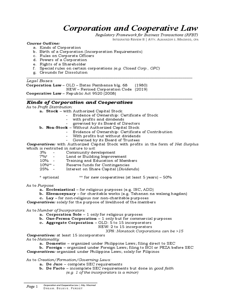 LECTURE NOTES - Corporation and Cooperative Law | PDF | Corporations ...