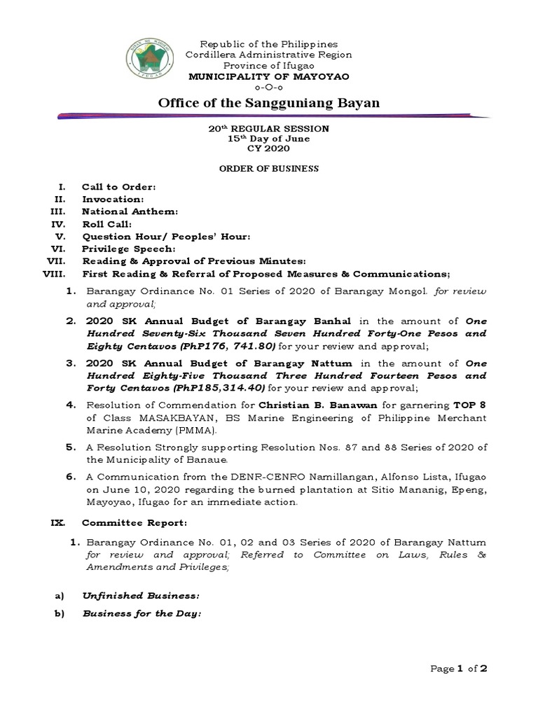 Order of Business June 15, 2020 | PDF | Public Law | Justice