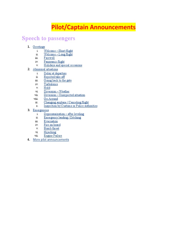Pilot/Captain Announcements: Speech To Passengers | PDF | Air Traffic ...