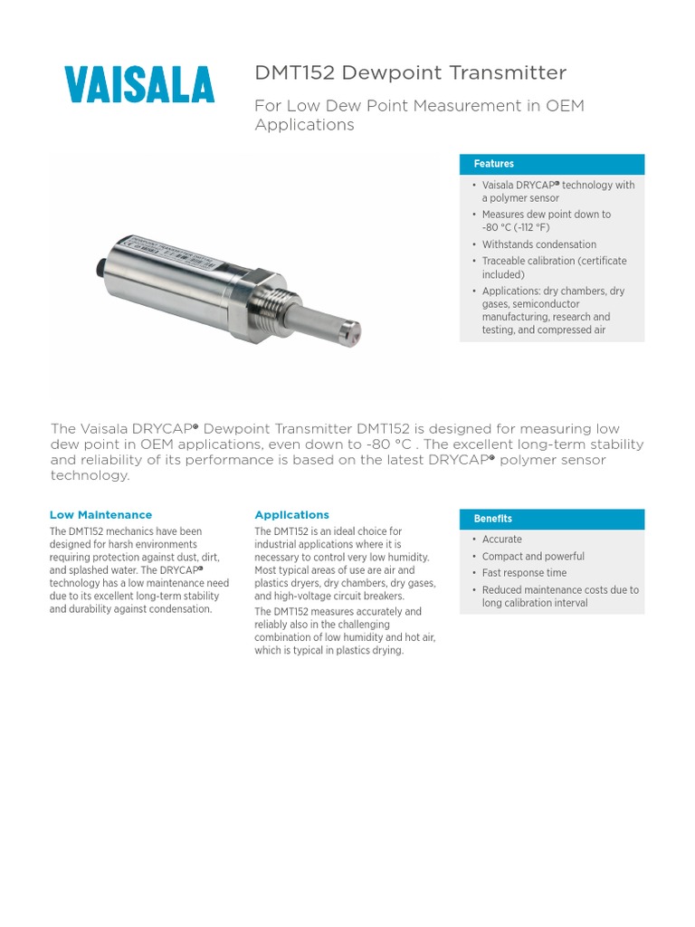 DMT152 Dewpoint Transmitter: For Low Dew Point Measurement in OEM ...