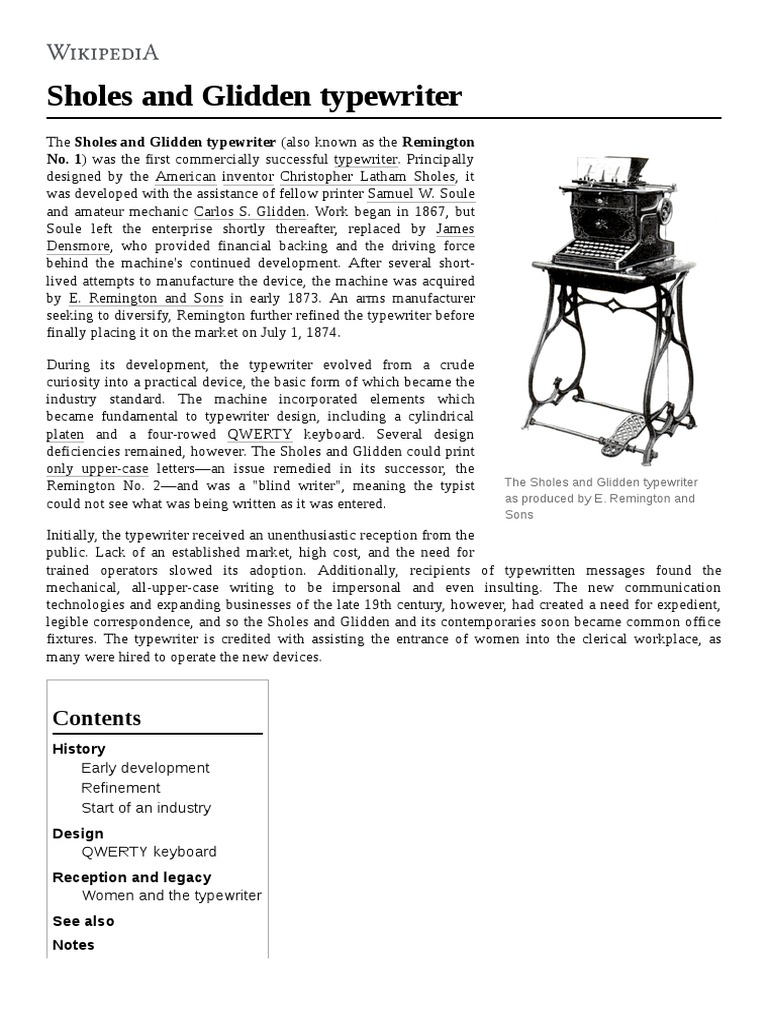 Sholes and Glidden Typewriter: No. 1) Was The First Commercially ...