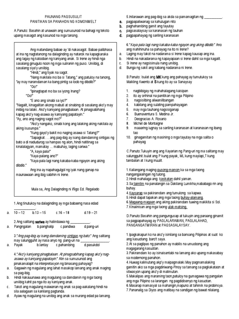 Paunang Pagsusulit-Komonwelt | PDF