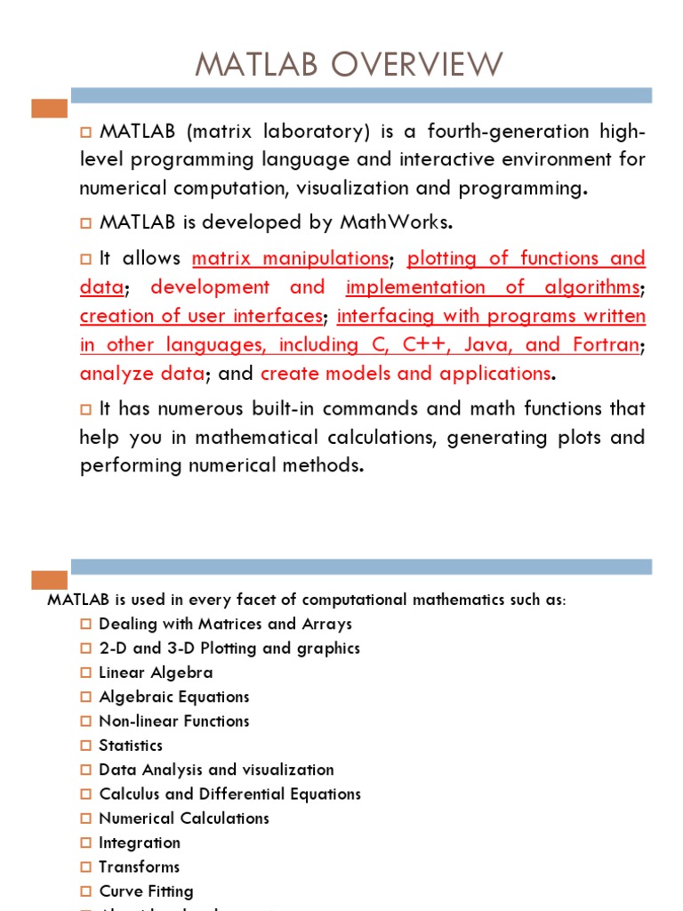 MATLAB Overview and Applications | PDF | Matlab | Numerical Analysis MATLAB Overview and Applications | PDF | Matlab | Numerical Analysis