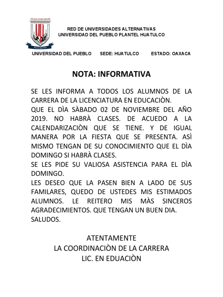 Nota Informativa para Alumnos. | PDF