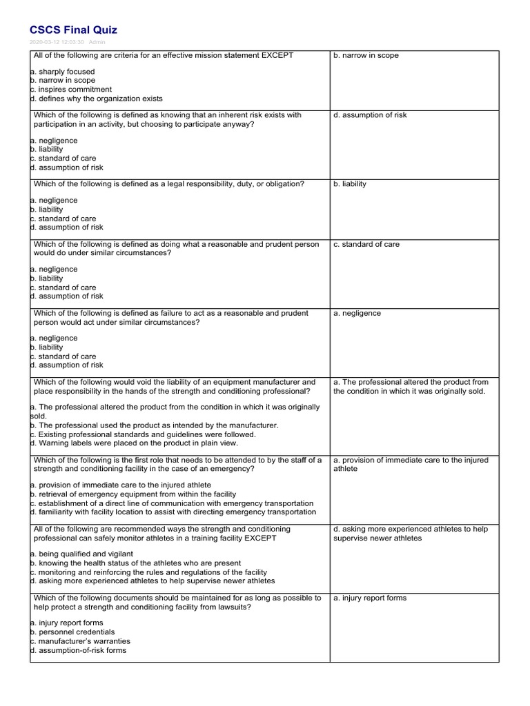 CSCS Practice Questions | PDF | Strength Training | Standard Of Care