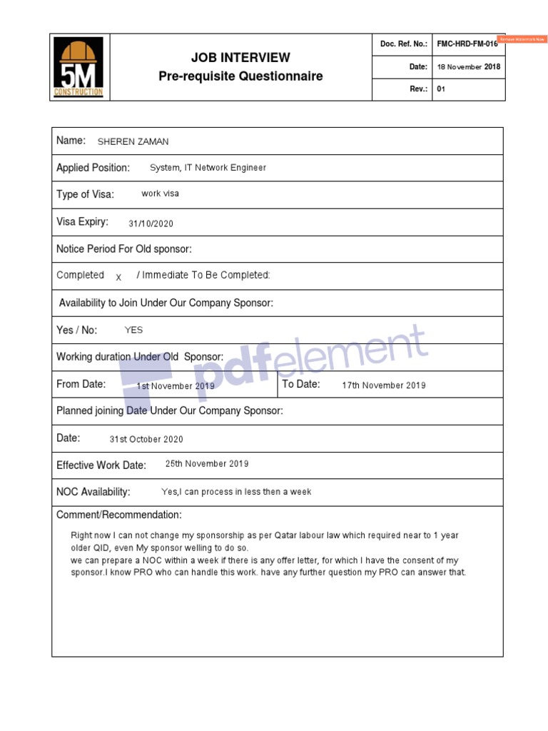 HRD EMP FRM 016 Job Interview | PDF | Business