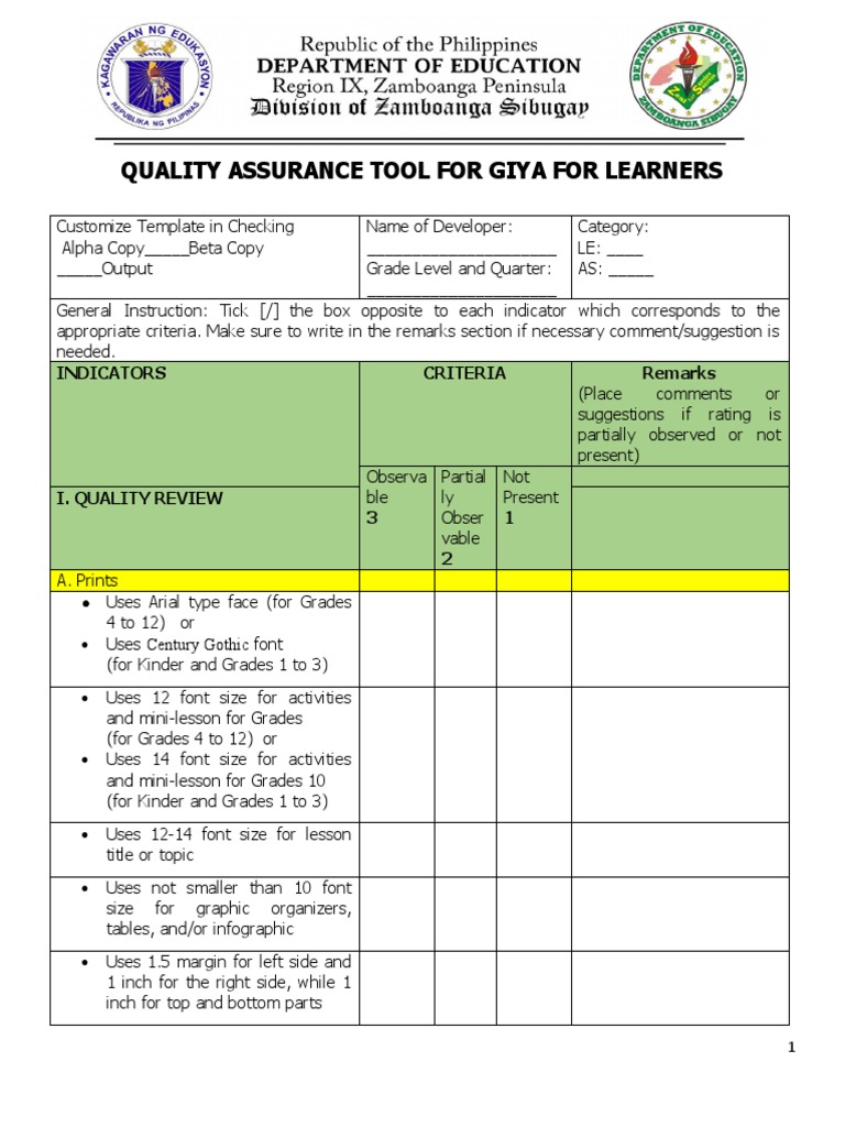Updated Version. Quality Assurance Tool For Giya For Learners | PDF ...