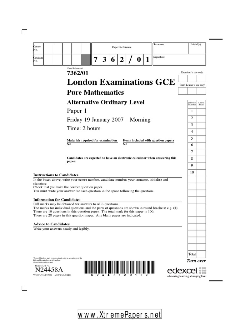 London Examinations GCE: Pure Mathematics | PDF | Test (Assessment ...
