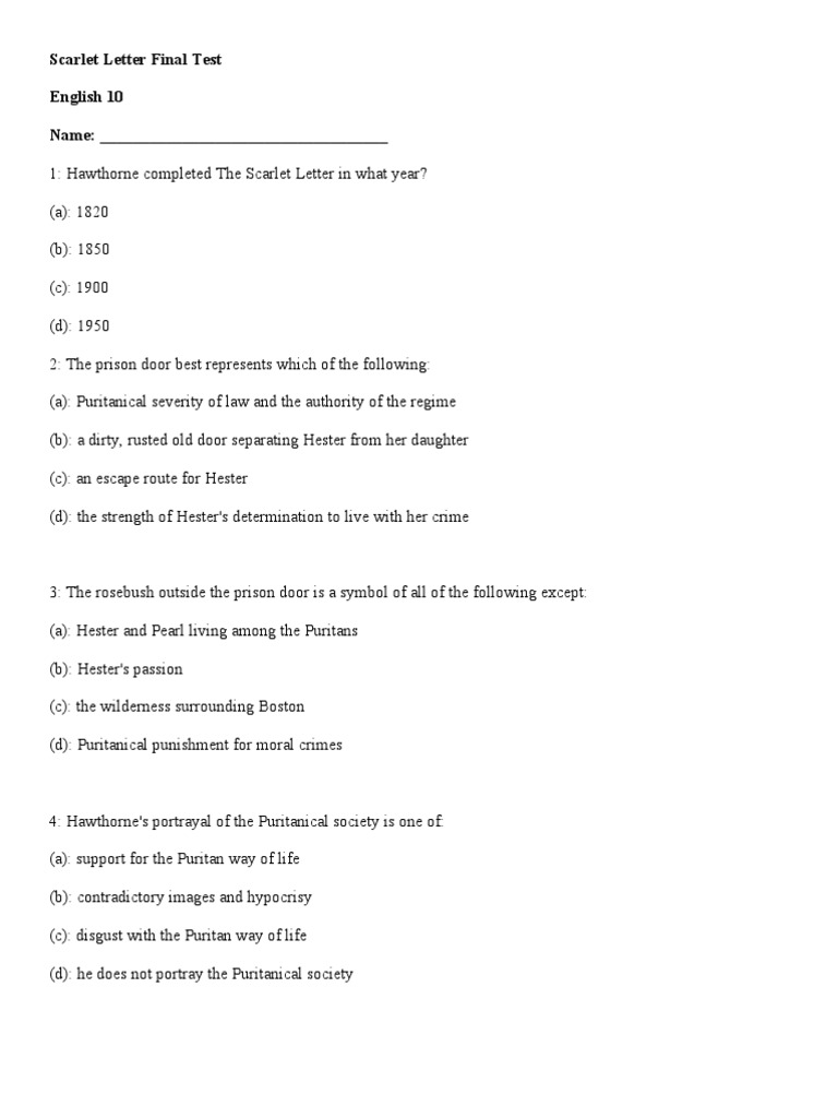 Scarlet Letter Final Test | PDF | The Scarlet Letter | Nathaniel Hawthorne