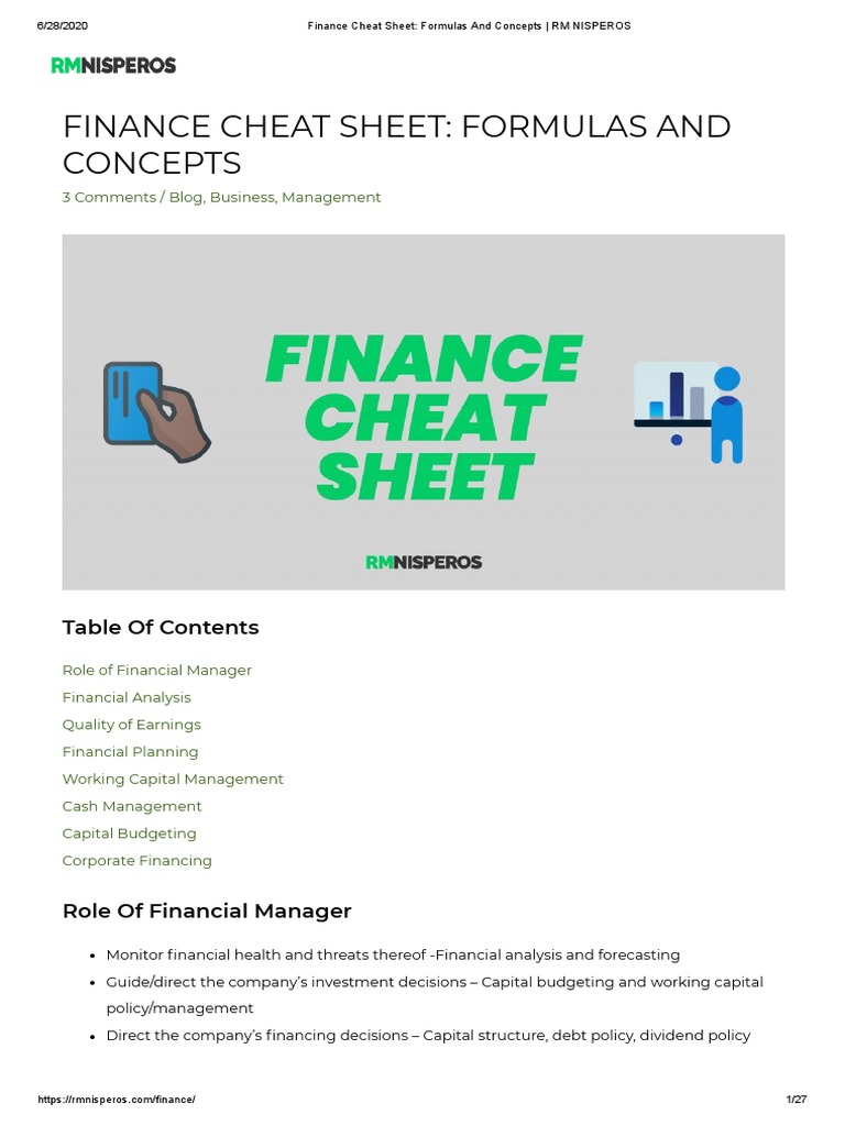 Finance Cheat Sheet - Formulas and Concepts - RM NISPEROS | PDF | Cost ...