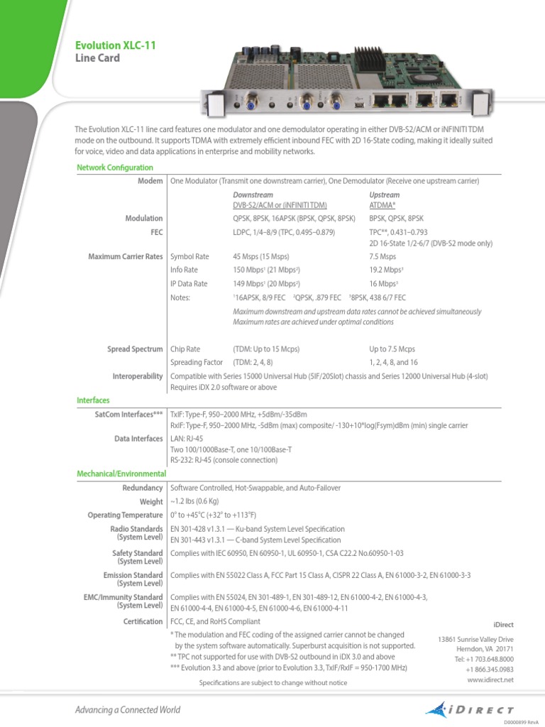 Idirect XLC 11 Line Card Spec Sheet | PDF | Physical Layer Protocols ...