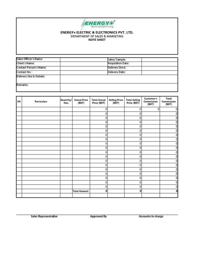 Note Sheet Sample Energy+ | PDF | Sales | Business