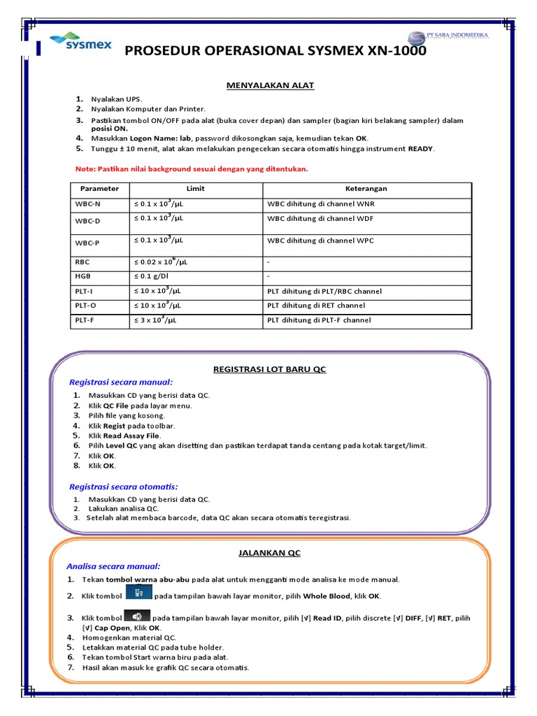 OPERATING PROCEDURES FOR SYSMEX XN-1000 | PDF