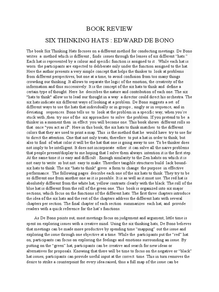 Book Review Six Thinking Hats: Edward de Bono | PDF | Thought | Intuition