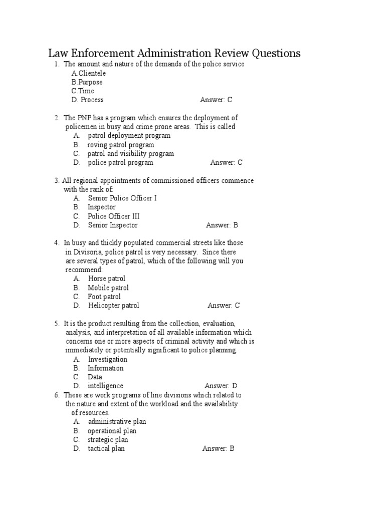Law Enforcement Administration Review Questions | PDF | Physical ...