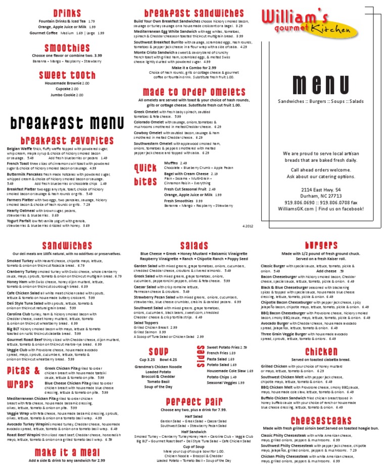 William's Gourmet Kitchen Menu | PDF | Salad | Pancake