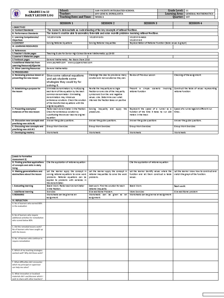 GRADES 1 To 12 Daily Lesson Log Session 1 Session 2 Session 3 Session 4 | PDF | Equations ...