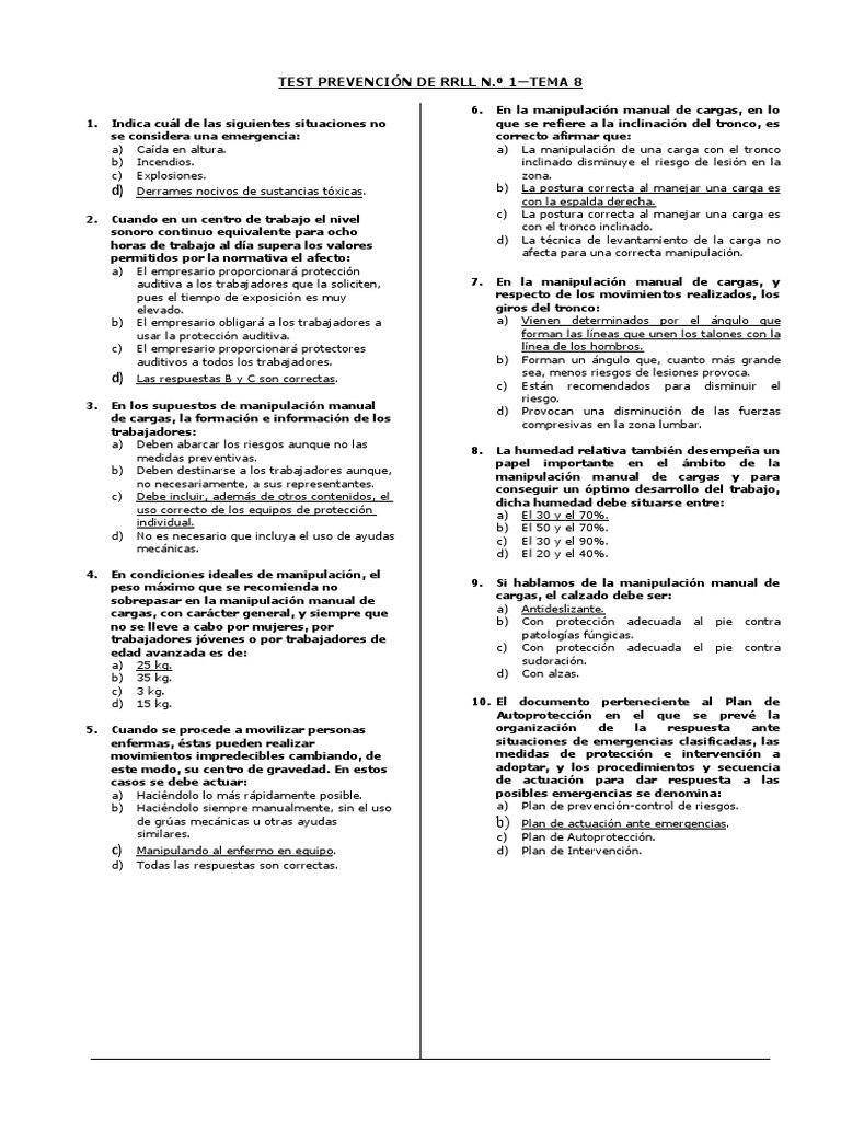 TEST PREVENCION DE RIESGOS 1.odt | Descargar gratis PDF | Color | Calor