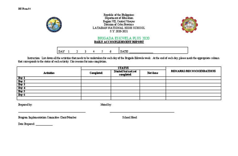 BE Form 6 DAILY ACCOMPLISHMENT REPORT | PDF