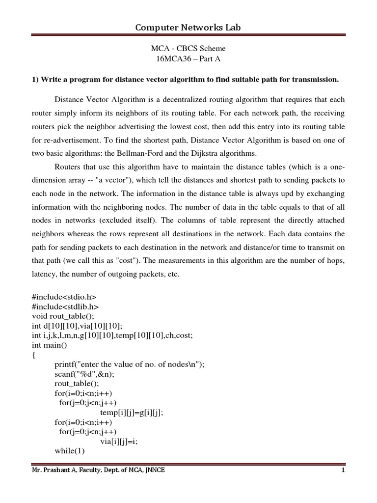 Computer Networks Lab 1 Write A Program For Distance Vector Algorithm To Find Suitable Path 