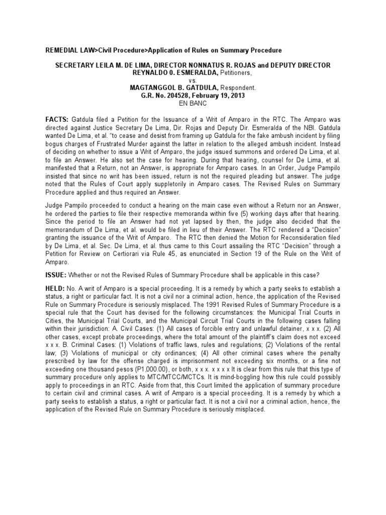 Application of Summary Procedure Rules Misplaced in Writ of Amparo Case ...