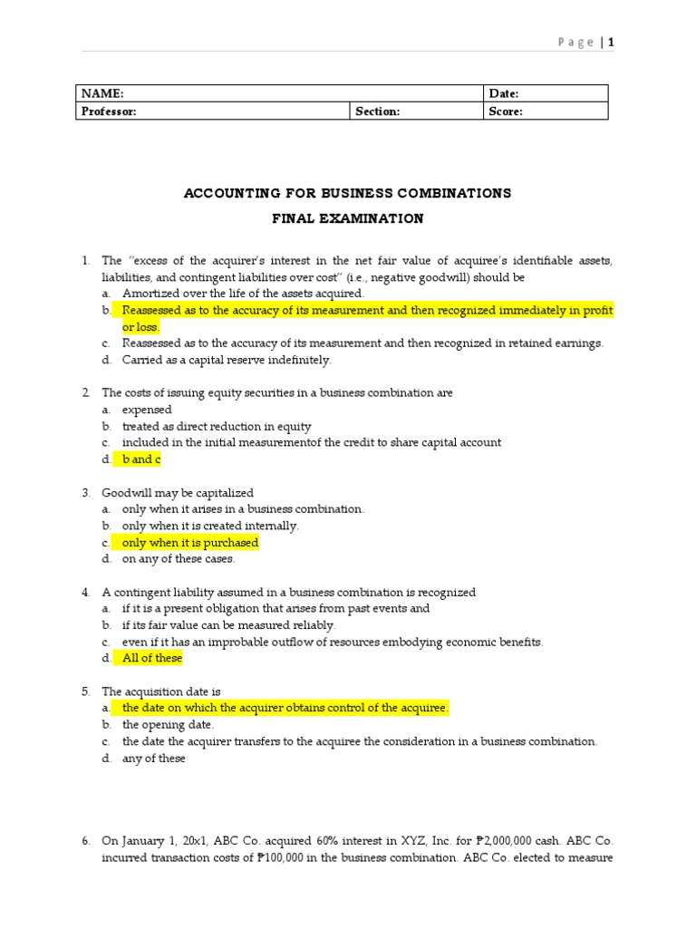 Accounting for Business Combinations - Final Examination | PDF ...