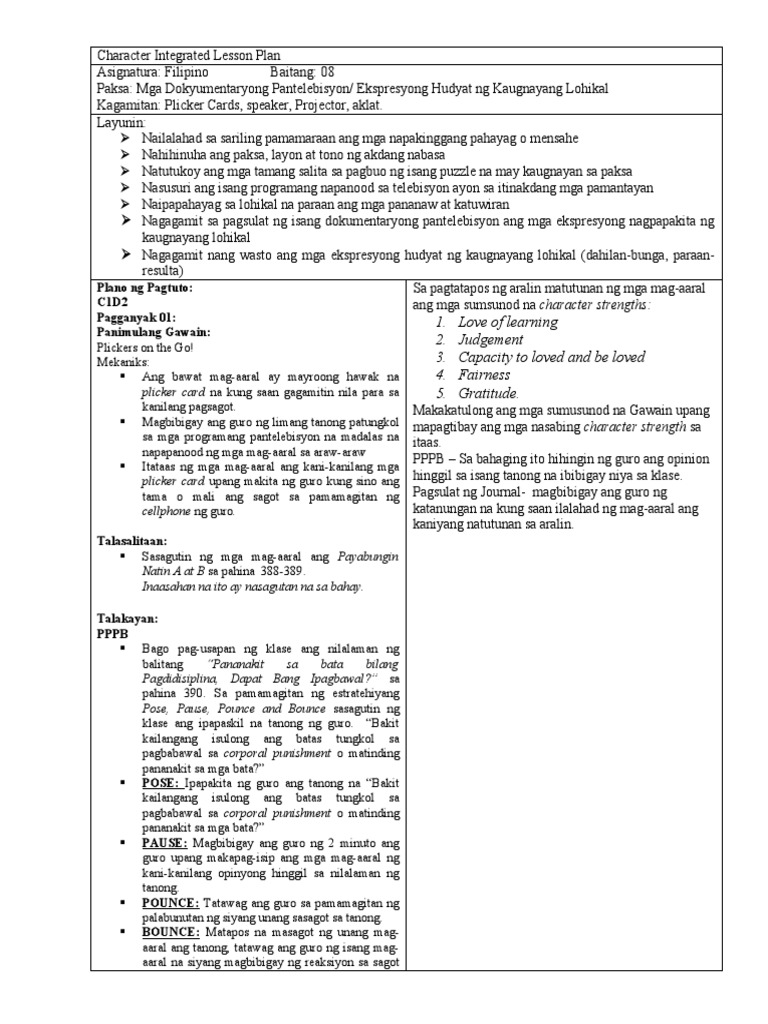 Character Integrated Lesson Plan - Filipino 08 | PDF
