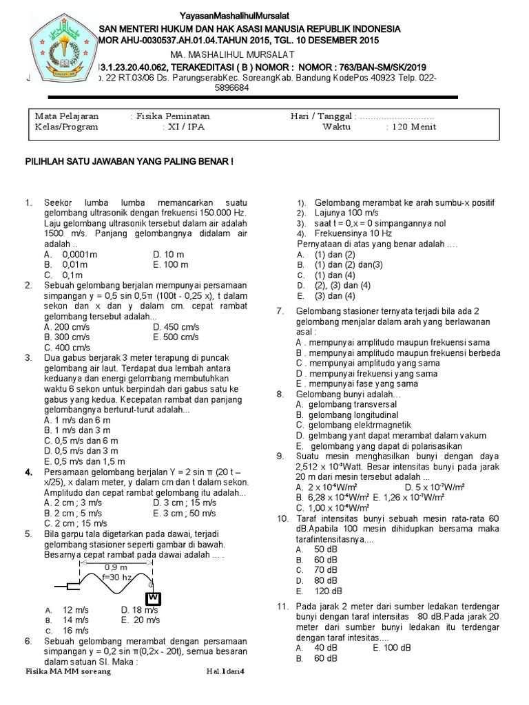 SOAL PAT FISIKA Kelas XI 2020 | PDF