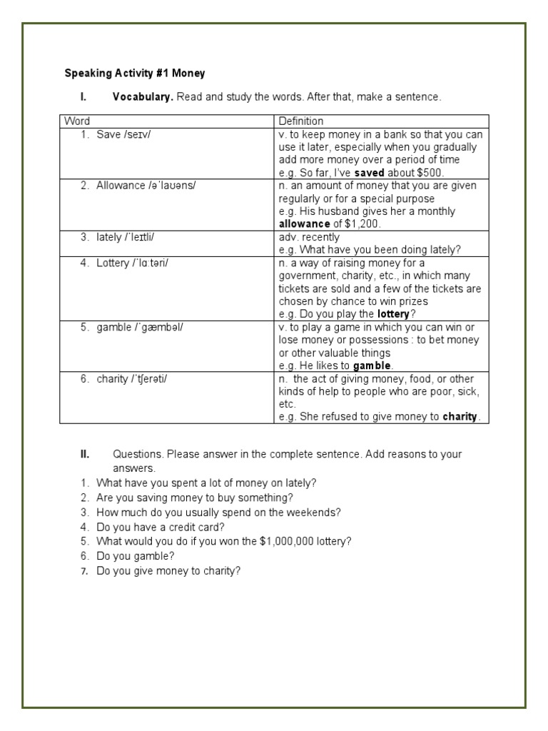 Speaking Activity #1 Money I. Vocabulary. Read and Study The Words ...