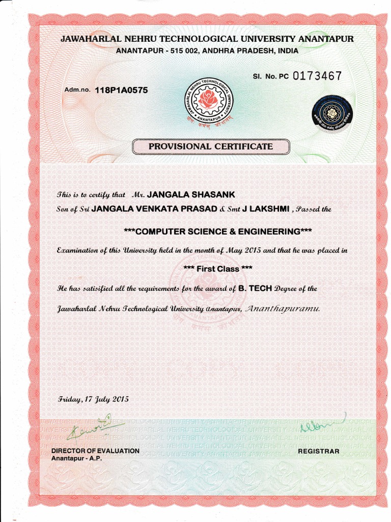 JNTUA Provisional Certificate Details | PDF